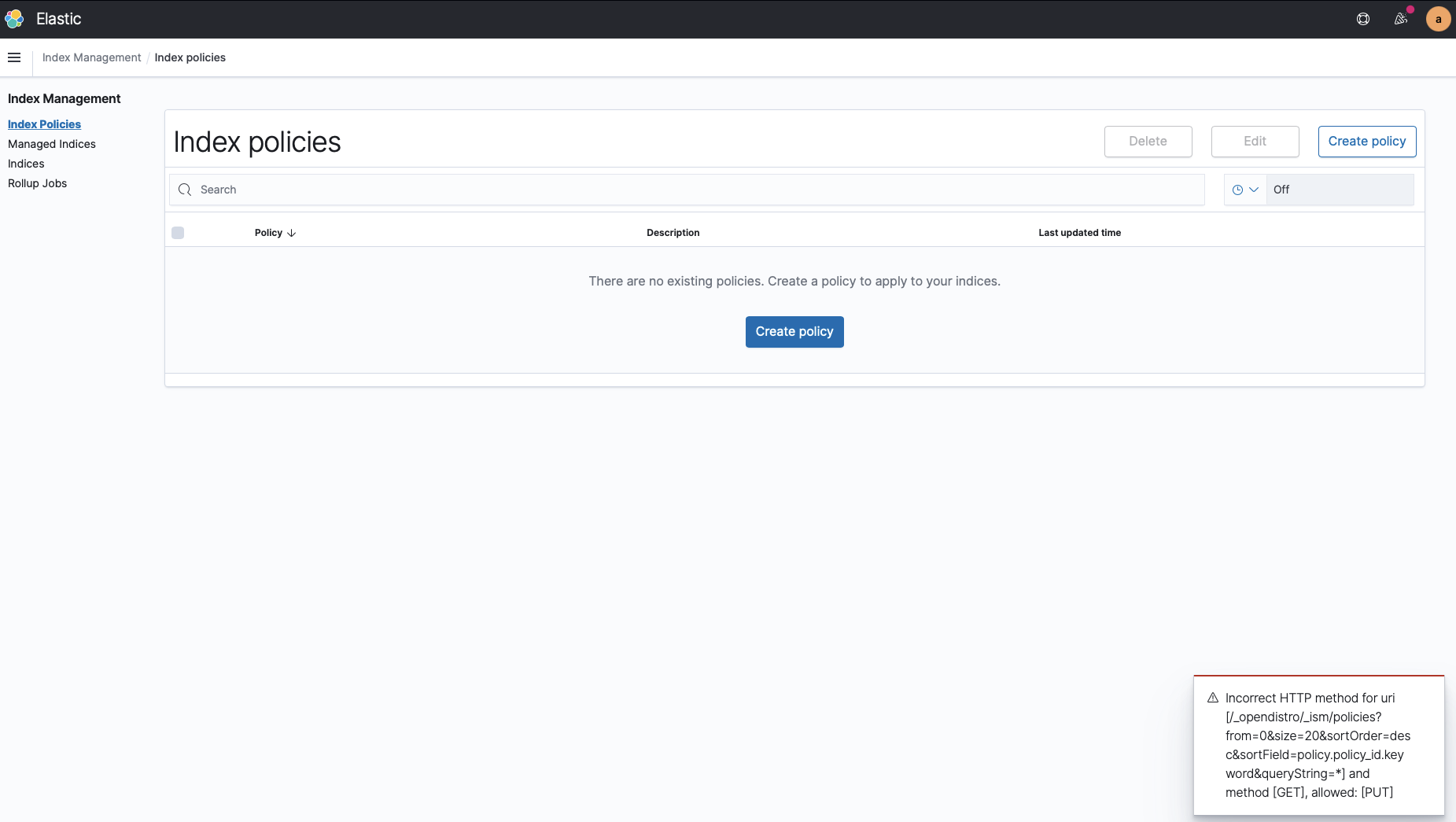 [BUG] OD 1.13 Index policies page · Issue #161 · opendistro-for-elasticsearch/index-management ...