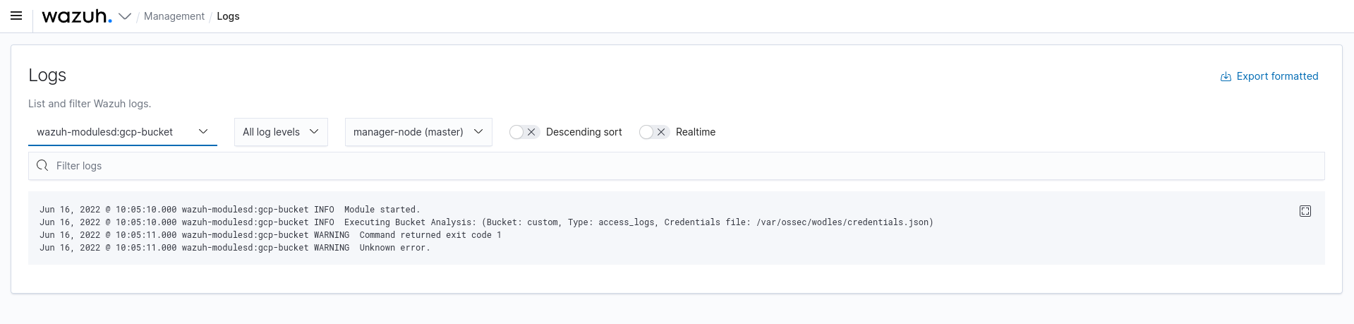 Error handling in Wazuh management logs page with `wazuh-modules:gcp-bucket` · Issue #4242 ...
