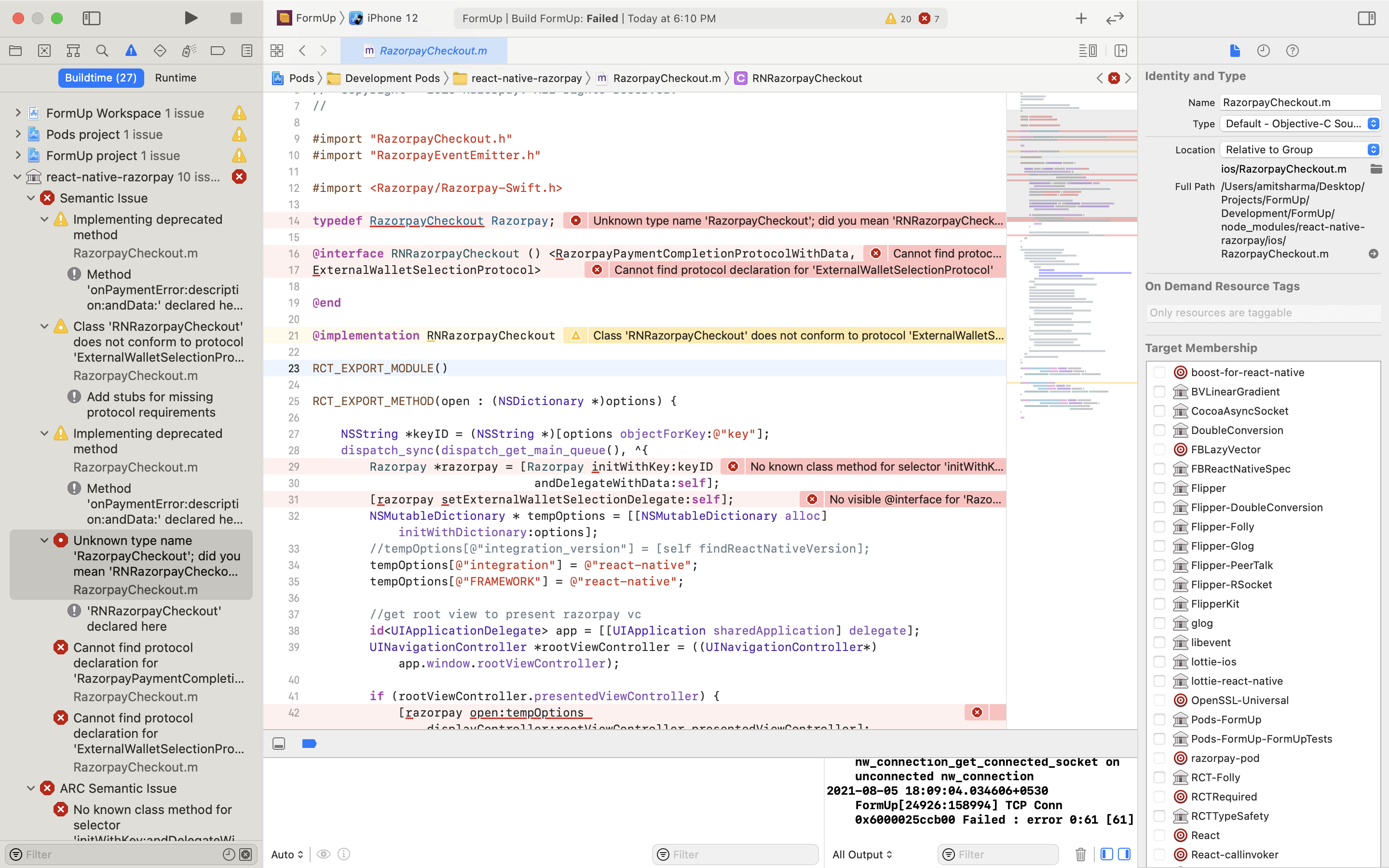Unknown type name 'RazorpayCheckout'; did you mean 'RNRazorpayCheckout'? Got this error while ...