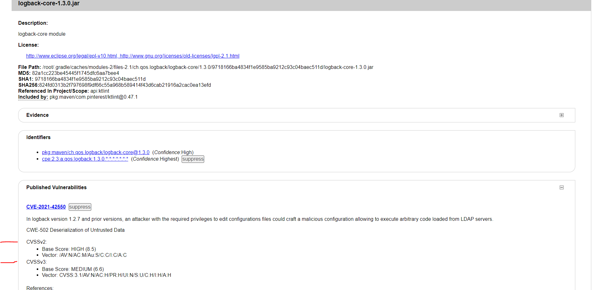 dependency-check report shows in column 'Highest severity' MEDIUM while CVSSv2 has value 8.5 ...