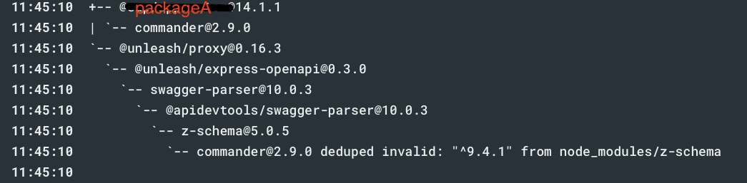 [Question] BOM creation blocked due to `npm ls` invalid package error - dependency conflict ...
