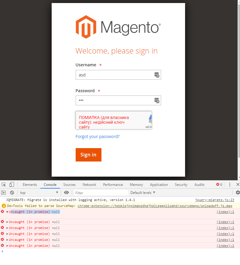 "Uncaught (in promise) null" error and stuck page if try to login in Admin with invalid API for ...