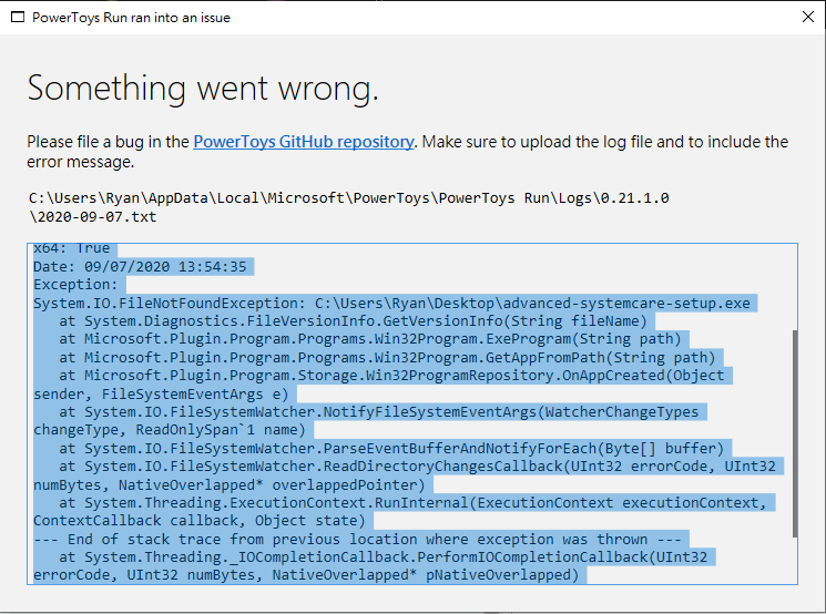 [pt run] System.IO.FileNotFoundException · Issue #6425 · microsoft/PowerToys · GitHub