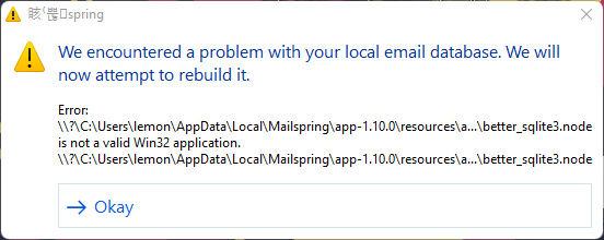 We encountered a problem with your local email database. Error" on install · Issue #2374 ...