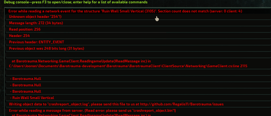 unknown object header 254 · Issue #3792 · FakeFishGames/Barotrauma · GitHub
