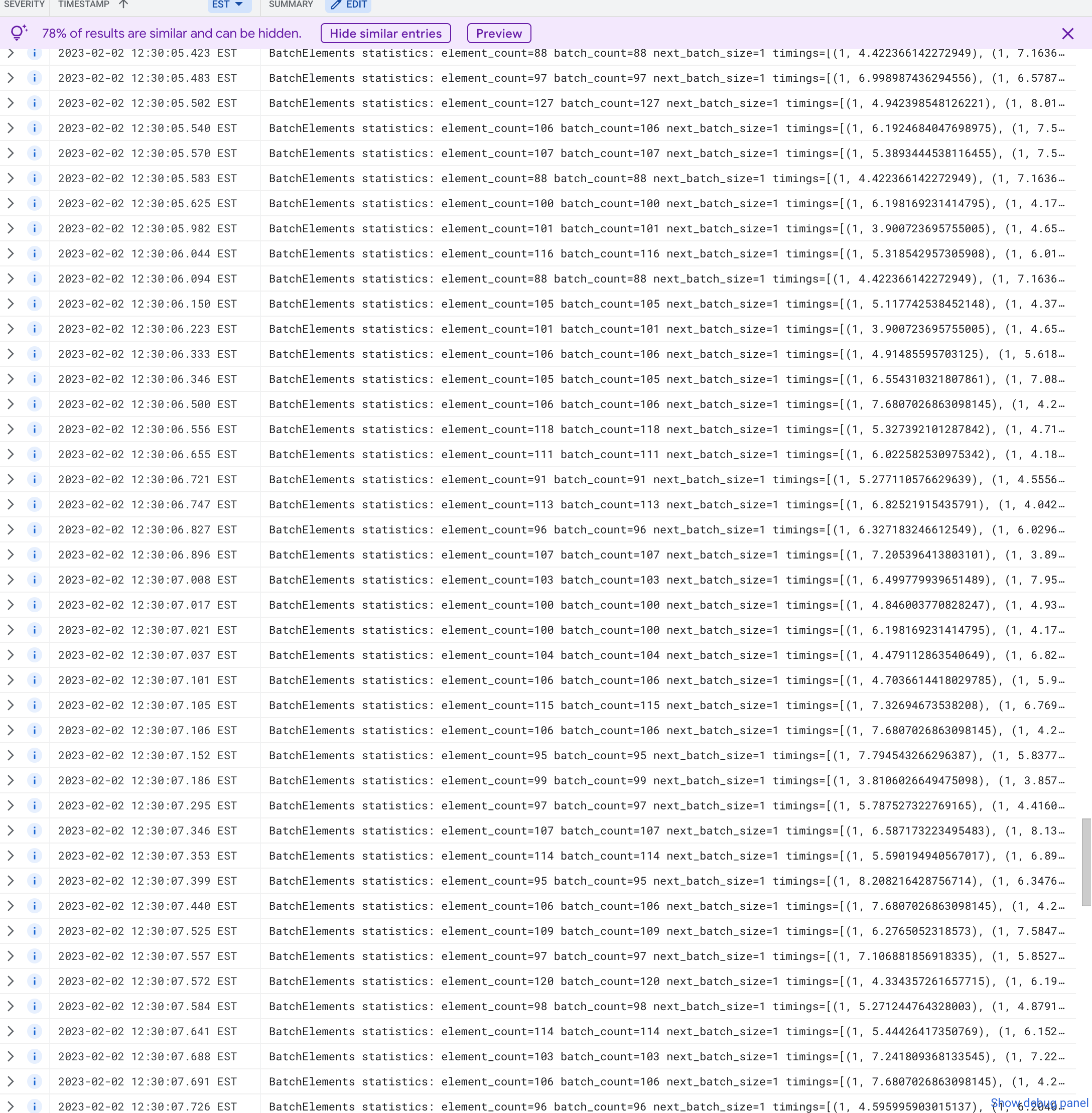 Log BatchElement statistics. by robertwb · Pull Request #25208 · apache/beam · GitHub