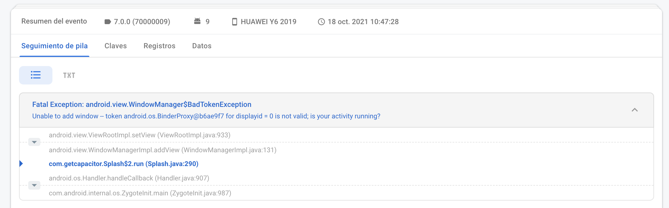 Bug Fail At Com Getcapacitor Splash N Android View Windowmanager Badtokenexception · Issue