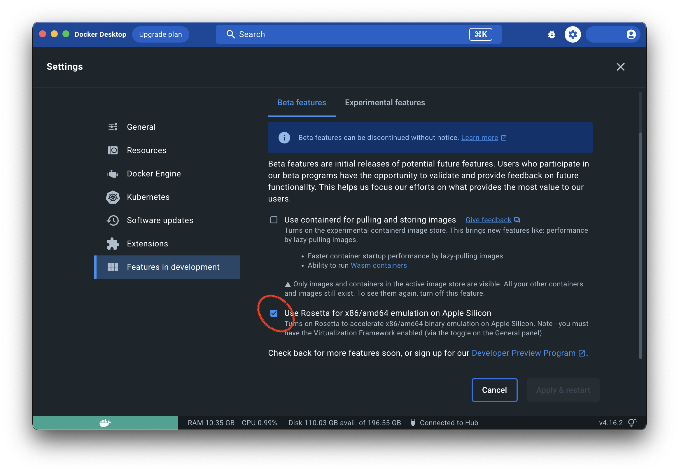 (Docker apple M1) Invalid mapping of address 0x40080f9000 in reserved ...
