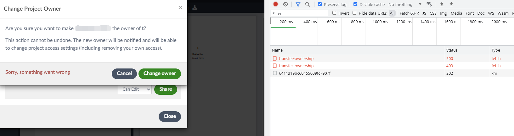 Change Project Owner: something went wrong but transfer successed. · Issue #1103 · overleaf ...