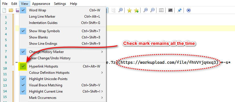Check Mark of "Hyperlink Hotspots" remains all the time · Issue #4872 · rizonesoft/Notepad3 · GitHub