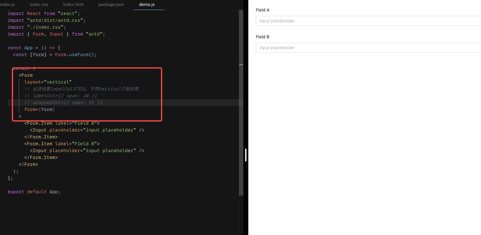 Form在vertical模式下，设置wrapperCol小于24并且不设置labelCol会变成一行 · Issue #36780 · ant-design/ant-design · GitHub