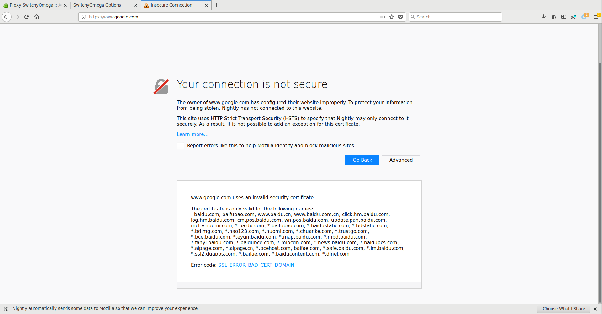 On Firefox 57 Linux has SSL_ERROR_BAD_CERT_DOMAIN issue · Issue #1201 · FelisCatus/SwitchyOmega ...