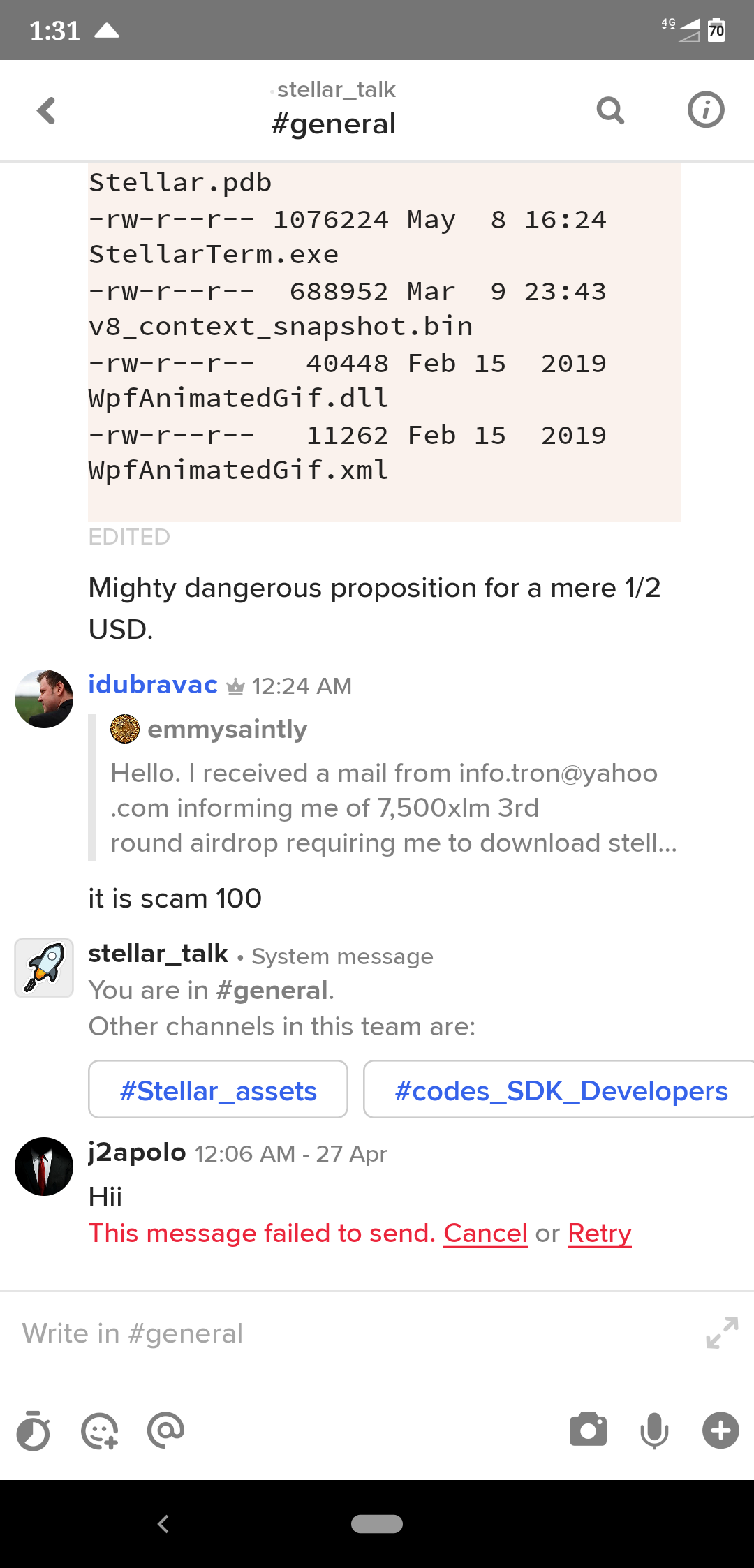 This message failed to send. Cancel or Retry while sending msg to ...