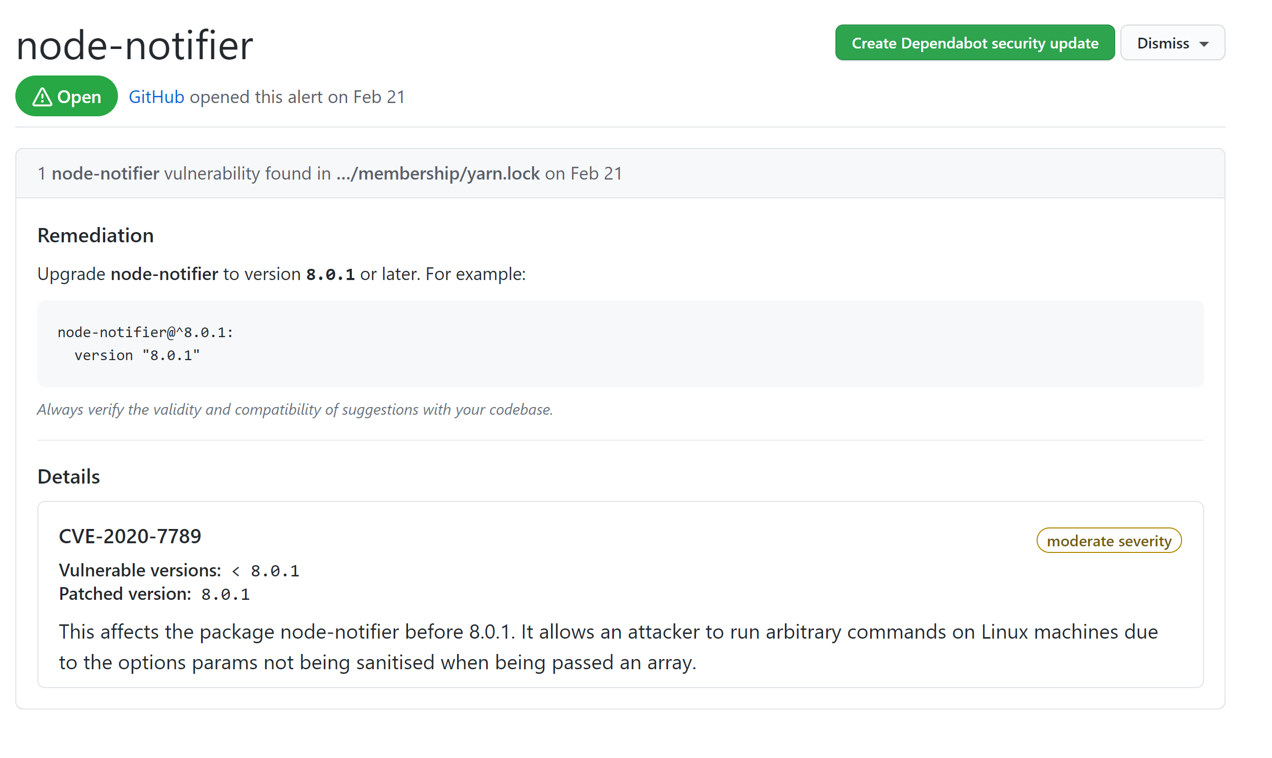 Github Dependabot reporting moderate severity security issue with node-notifier