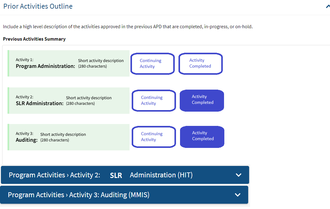 Wireframe "Section II" of the APD to results of previous activities ...