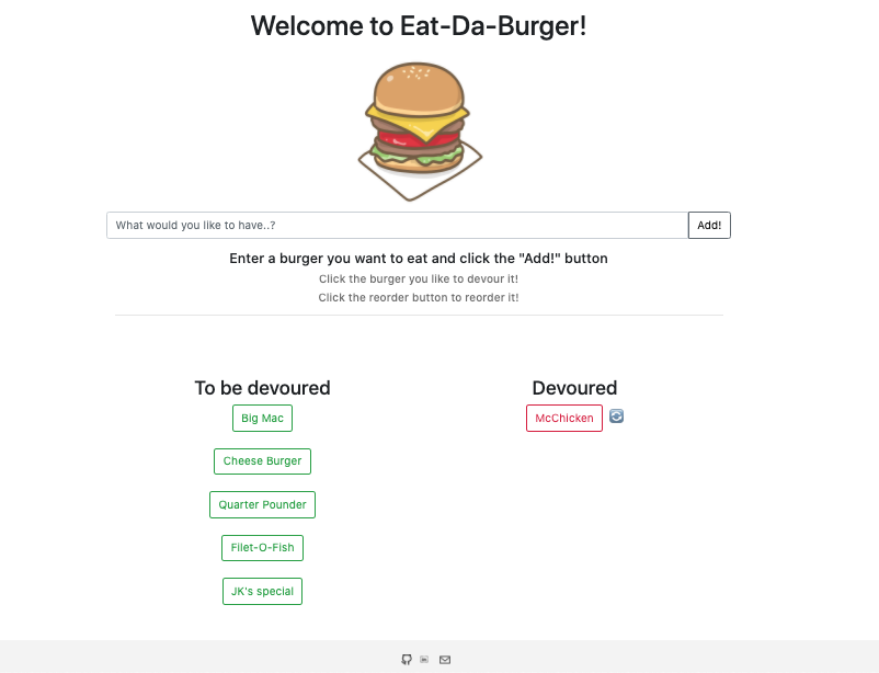 GitHub - saikitjk/Eat-Da-Burger: A burger logger with MySQL, Node, Express, Handlebars and ORM