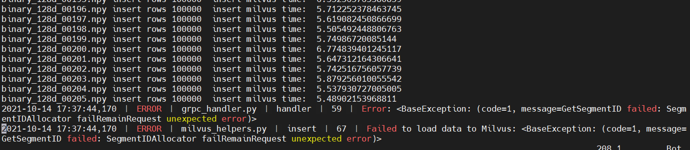 [benchmark][cluster] GetSegmentID failed: SegmentIDAllocator failRemainRequest unexpected error ...