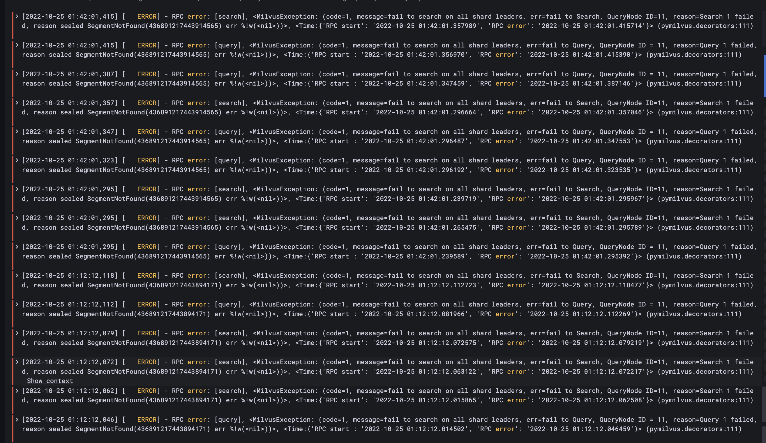 [Bug]: [benchmark][standalone] [DML&DQL] QueryNode restart and search/query raise error:fail to ...