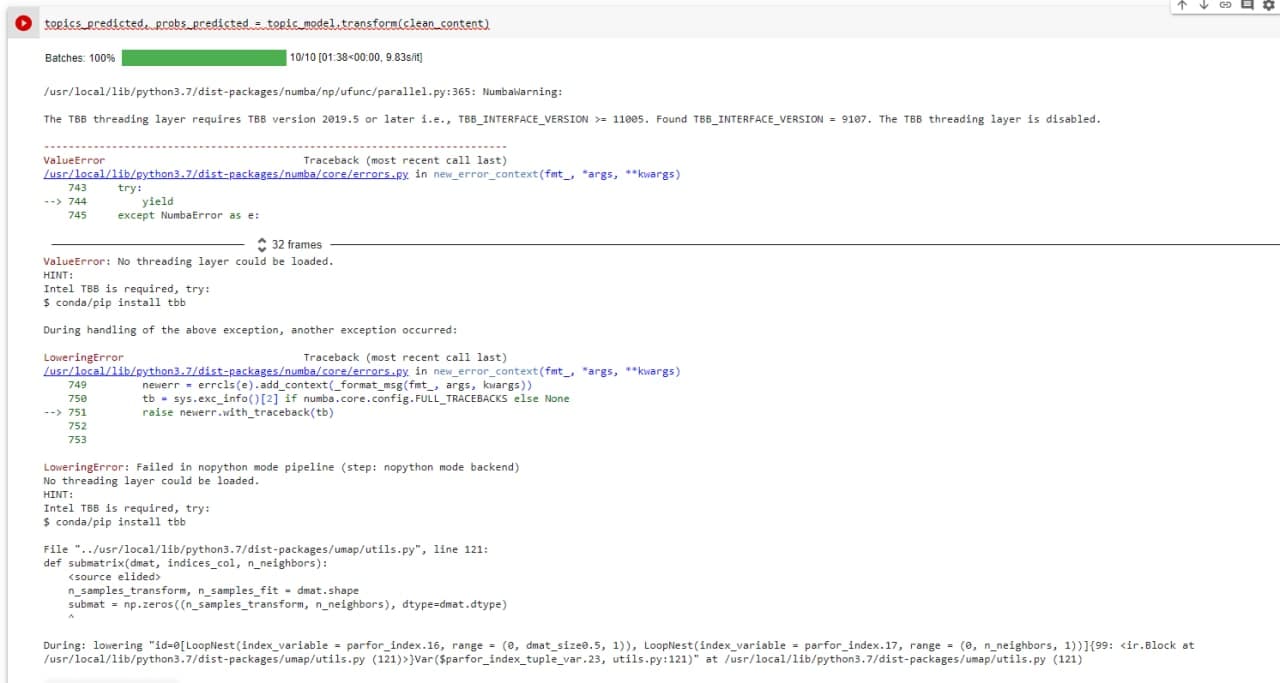 NumbaWarning: The TBB threading layer is disabled · Issue #170 · MaartenGr/BERTopic · GitHub