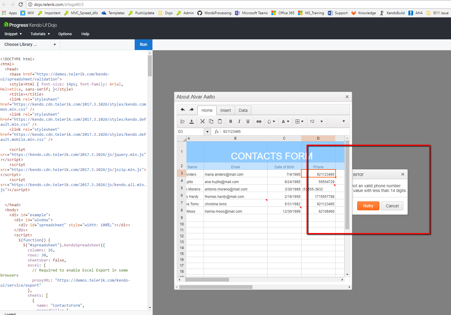 Spreadsheet Validation dialog appears behind the Window in which the Spreadsheet is placed ...