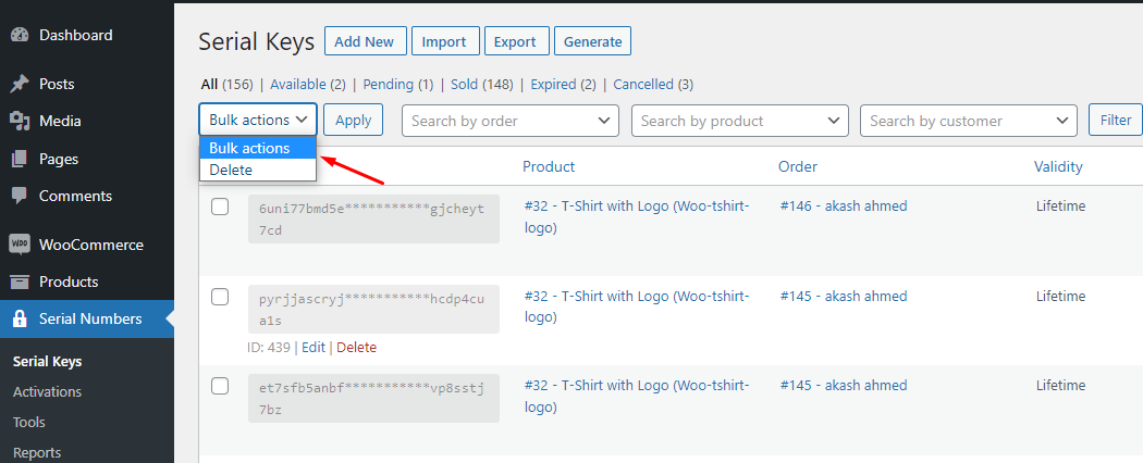 More option Bulk action on serial keys page [ feature request] · Issue #311 · pluginever/wc ...