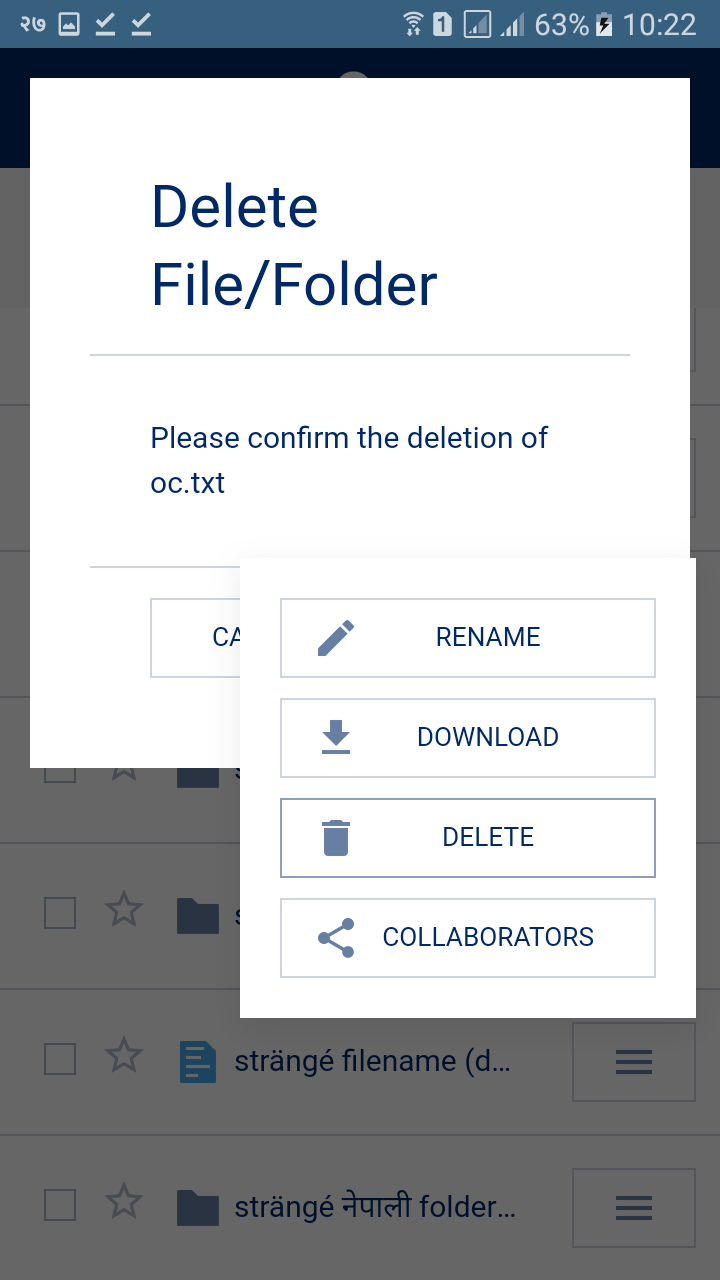 Actions dialog overlaps delete confirmation dialog in mobile phone ...