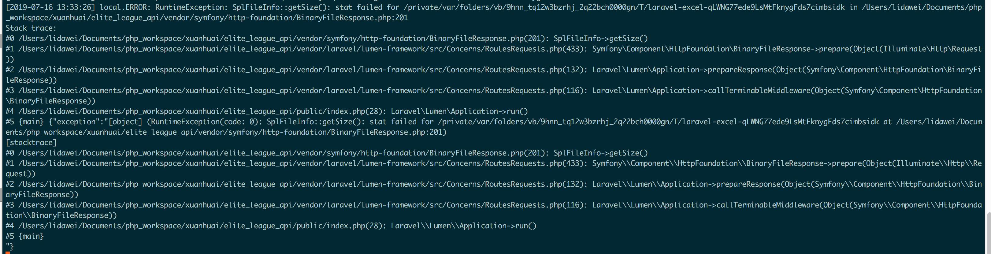 RuntimeException: SplFileInfo::getSize(): stat failed for /private/var/folders/vb/9hnn ...