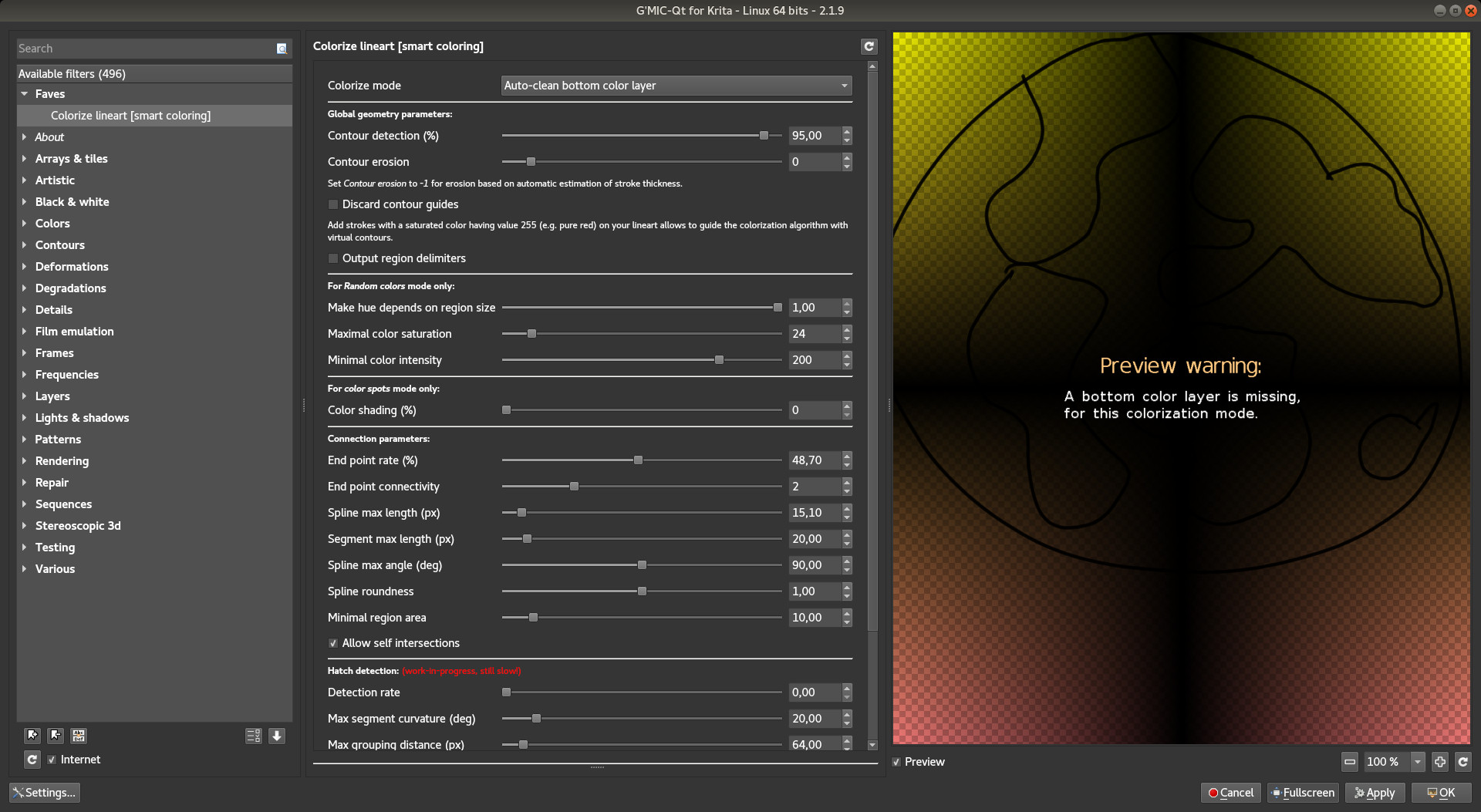 Select color layer in "Colorize lineart" filter with mode "Auto-clean ...