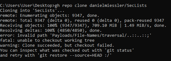 Unable to git clone · Issue #515 · danielmiessler/SecLists · GitHub