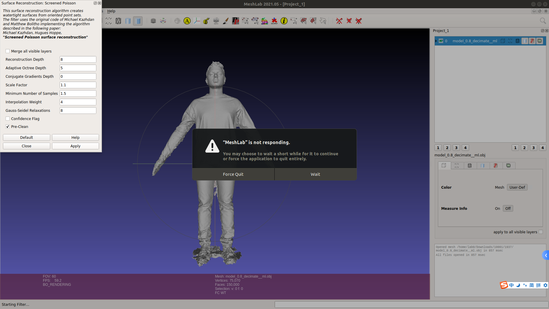poisson reconstruction not responding · Issue #1332 · cnr-isti-vclab/meshlab · GitHub
