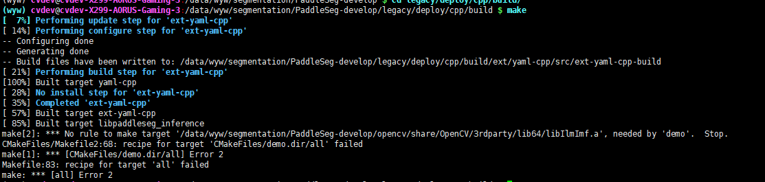 No rule to make target '/PaddleSeg-develop/opencv/share/OpenCV/3rdparty ...