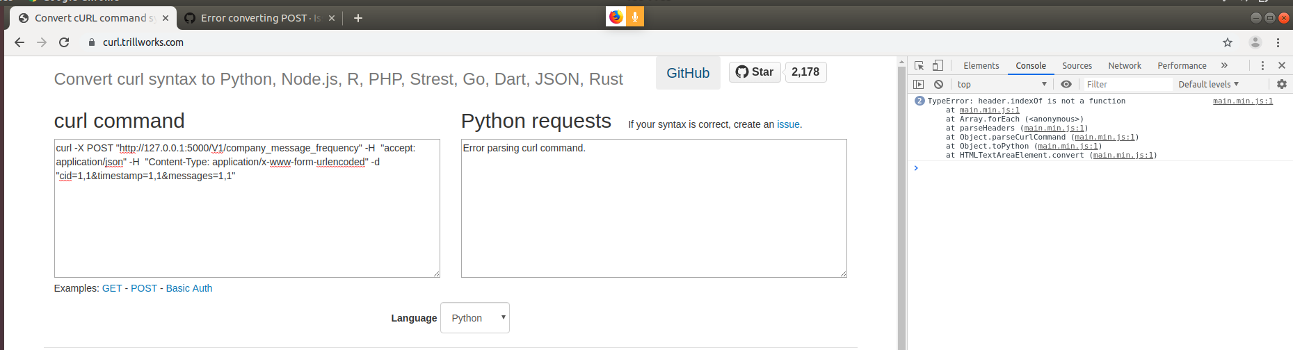Error converting POST · Issue #139 · curlconverter/curlconverter · GitHub