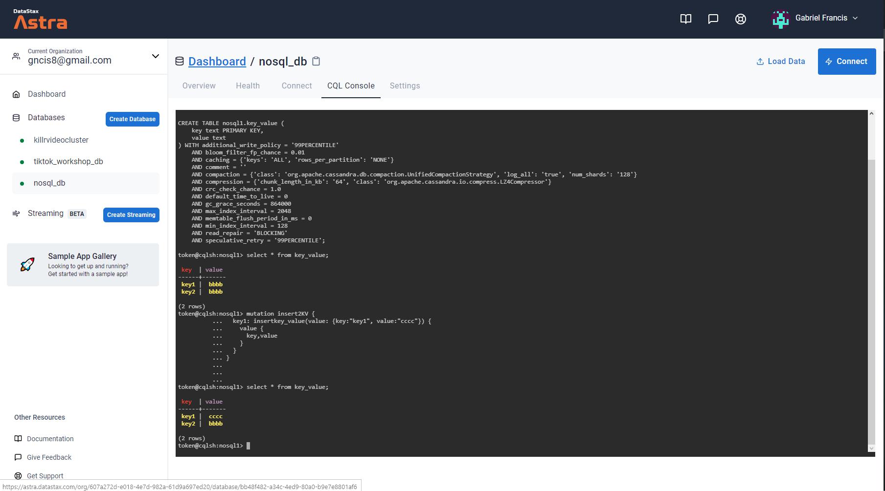 [HW] Gabriel Francis · Issue #182 · datastaxdevs/workshop-introduction-to-nosql · GitHub
