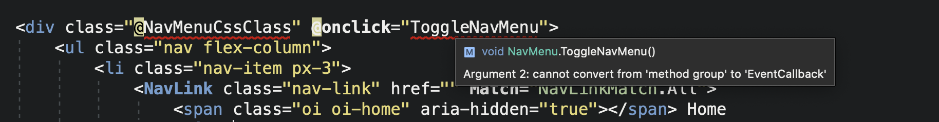 Razor Components - Intellisense error when using EventCallback of a component of a different ...
