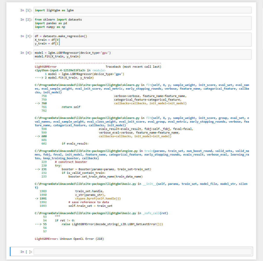 LightGBM GPU Python 3.7 CUDA 10.1 Windows Server boost 1.73 success compilation but running ...