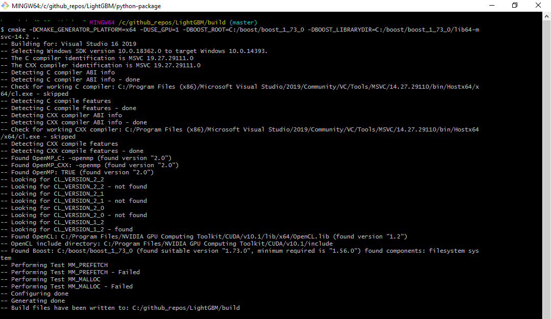 LightGBM GPU Python 3.7 CUDA 10.1 Windows Server boost 1.73 success compilation but running ...