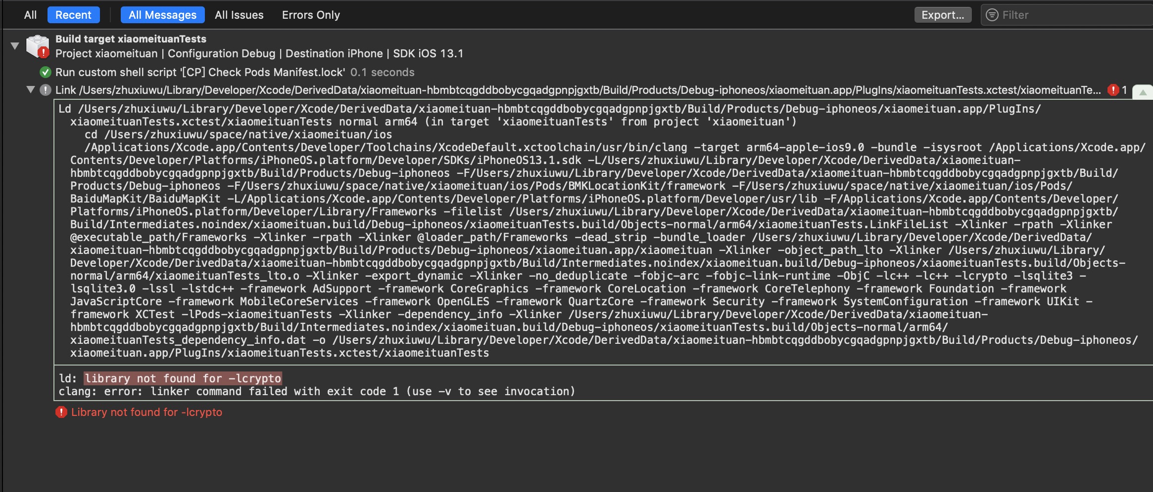运行ios报错library not found for -lcrypto · Issue #290 · lovebing/react-native-baidu-map · GitHub