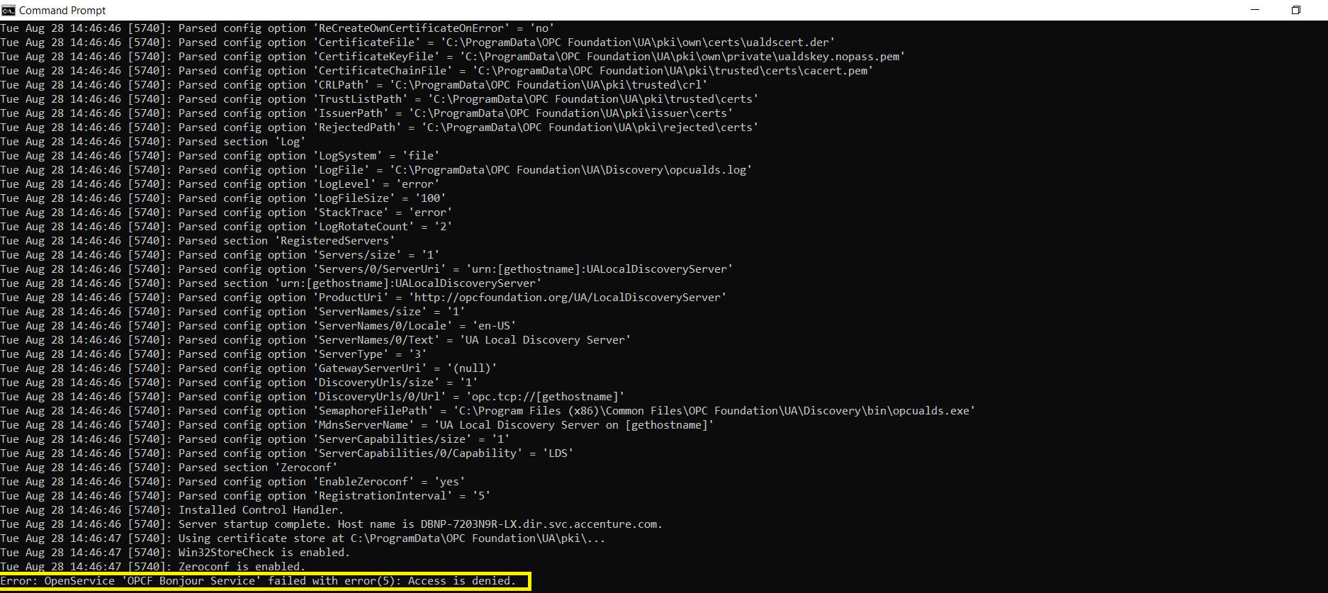 "The installation of OPC UA Local Discovery Server 1.03.371.424 appears ...