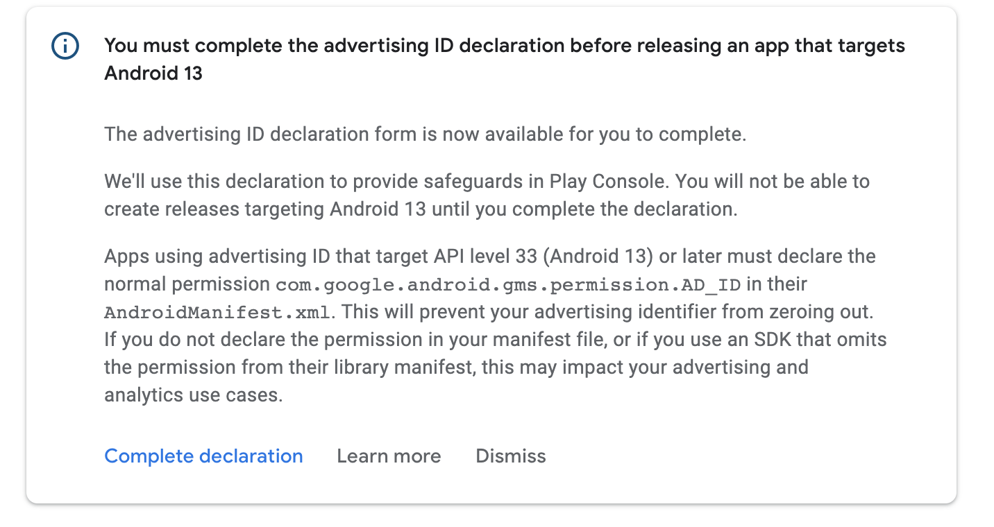 Android 13 (API 33) declaration requires AD_ID Permission [solution: it is automatically ...