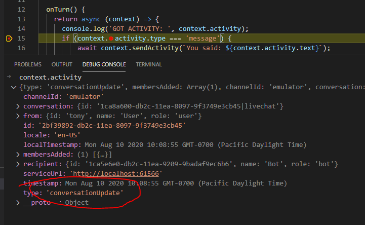 ConversationUpdate not sent for "user" · Issue #1568 · microsoft/BotFramework-Emulator · GitHub