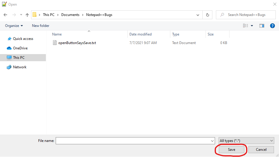 Open dialog says "Save" instead of "Open" on the bottom right button ...