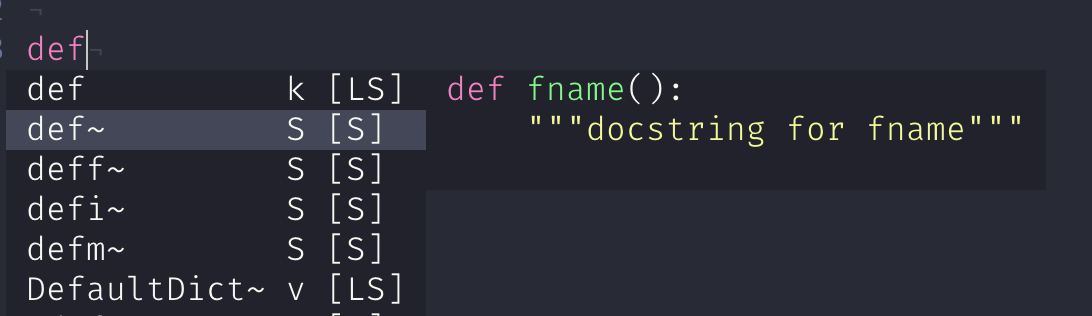 No snippets like coc-python · Issue #410 · fannheyward/coc-pyright · GitHub