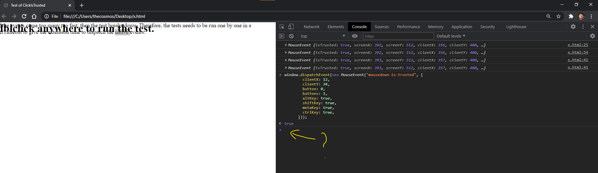 Events aren't fired when dispatching event using chrome dev console · Issue #7 · orstavik ...