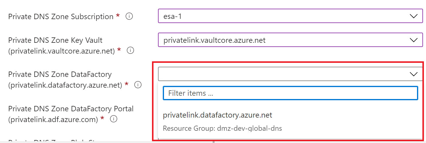 Template failing on privateDnsZoneGroups when deploying to Data Management Zone without Azure ...