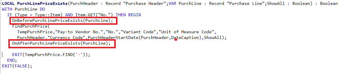 Event Request In Codeunit 7010 Purch Price Calc Mgt In Purchlinepriceexists Function