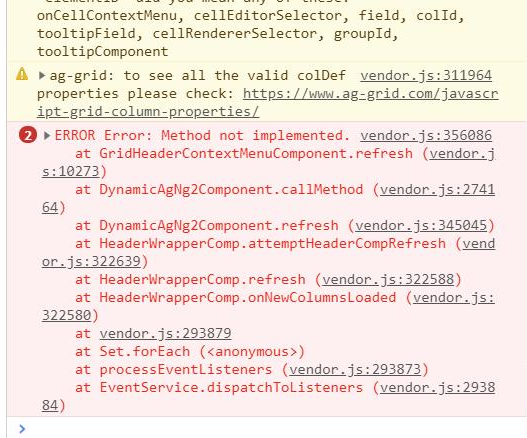 GridHeaderContextMenuComponent raises a "Method not implemented" error when a refresh is ...