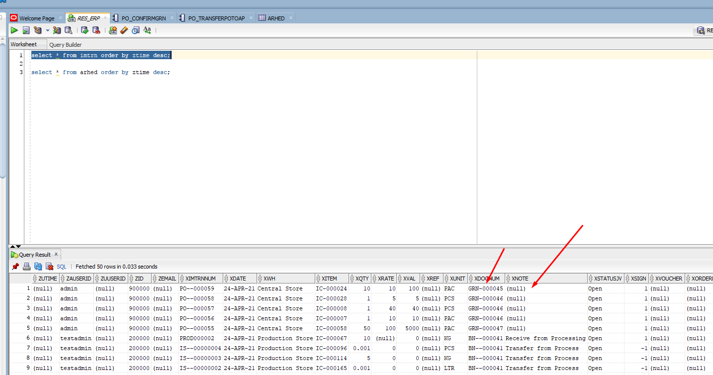 #GRN- When creating GRN, the xnote field is empty in imtrn table ...