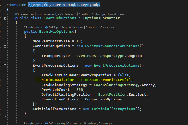 Microsoft.Azure.WebJobs.Extensions.EventHubs options for overriding default MaxWaitTime 60 ...