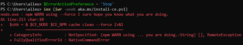 ce install fails in PowerShell when $ErrorActionPreference = 'Stop' · Issue #102 · microsoft ...