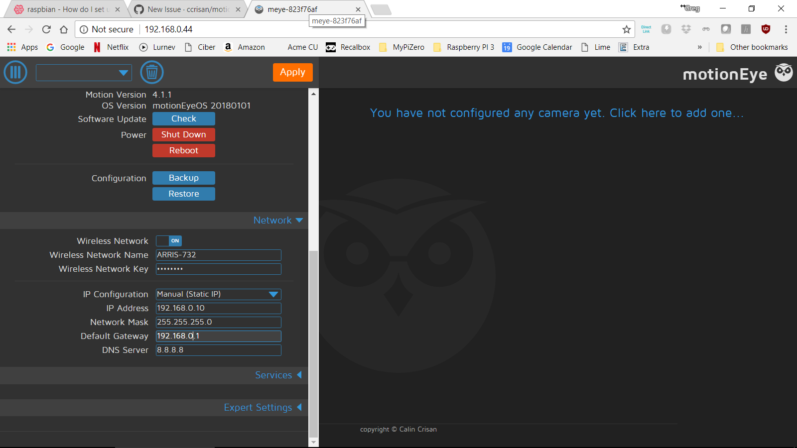 Static IP not found after changed in Panel · Issue #1367 · motioneye-project/motioneyeos · GitHub